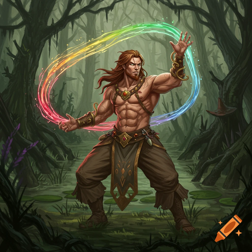 Anime-style muscular male mage casting rainbow magic vines in mystical ...
