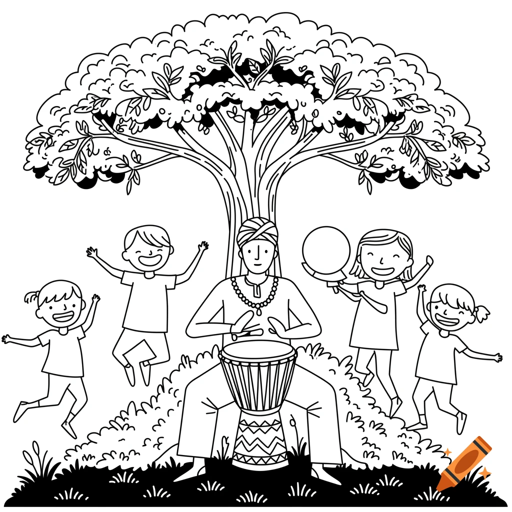 Black and white line art illustration of a drummer playing under a tree ...