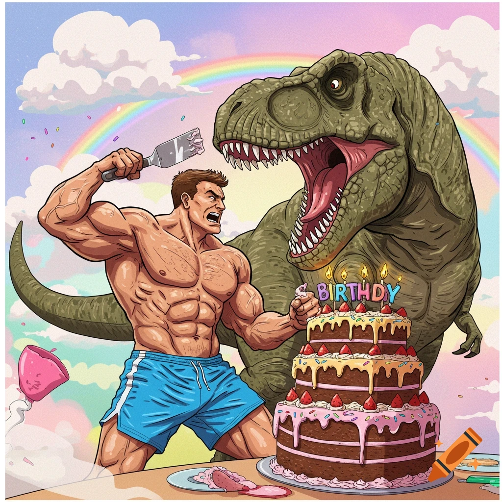 Muscular man fights T-Rex over a birthday cake in a vibrant digital ...