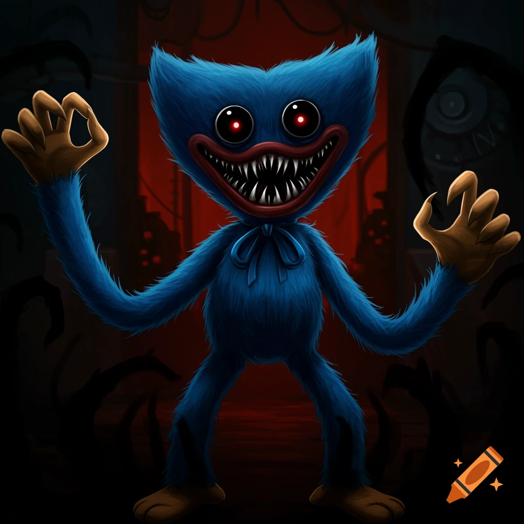 A blue furry monster with button eyes, a wide red mouth with sharp ...