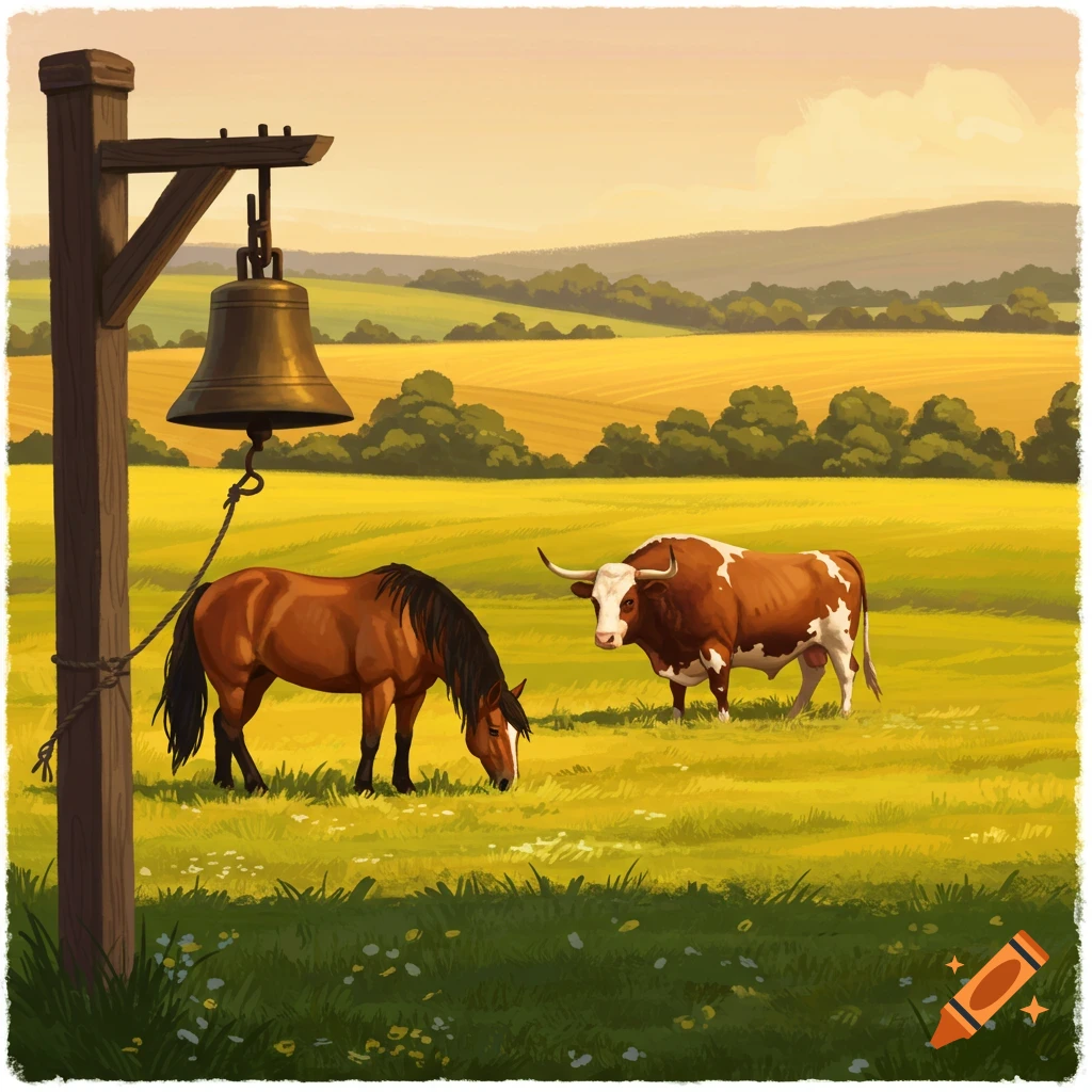 Farmland scene with bell, horse, and bull on Craiyon