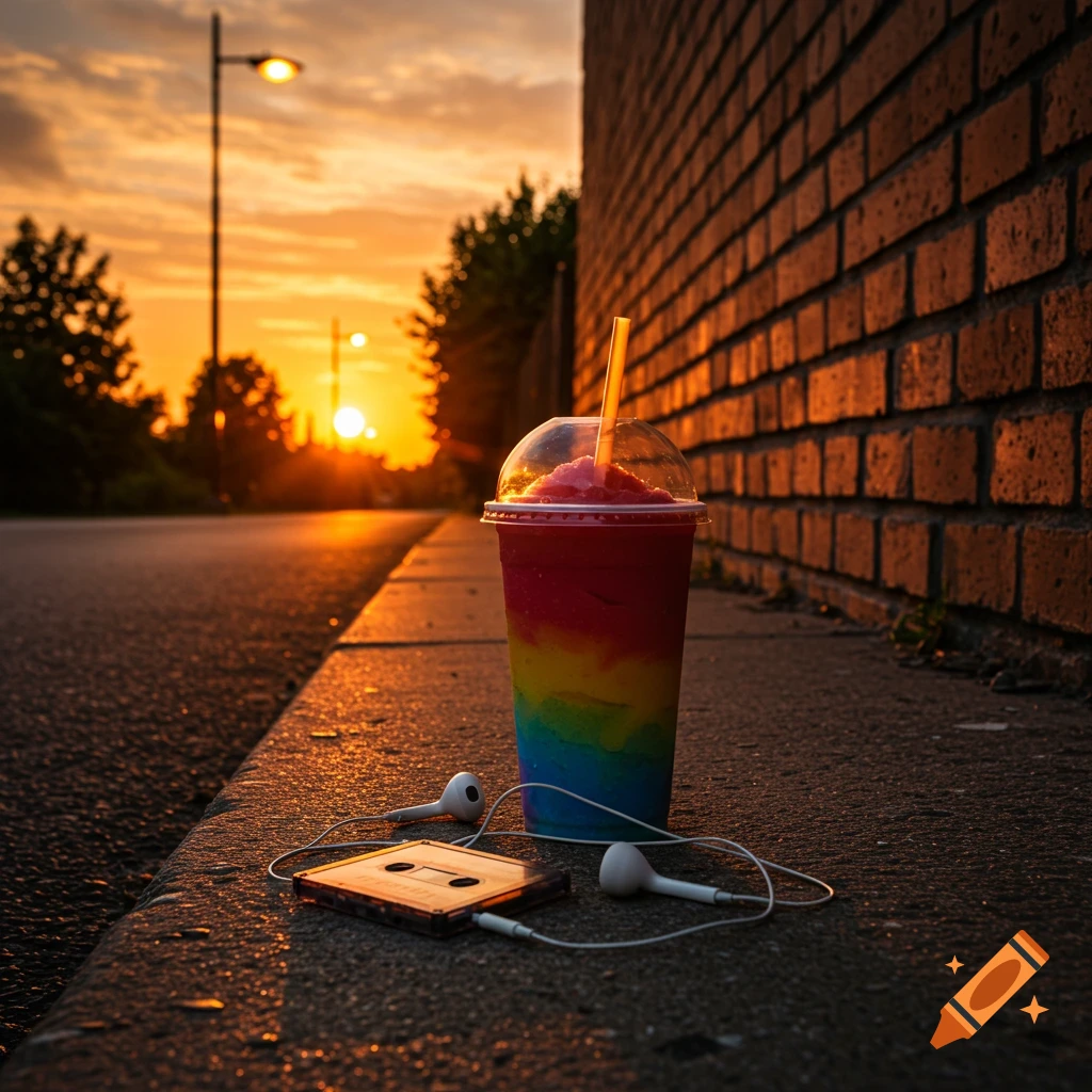 Sunset urban street scene with slushy cup, headphones, and cassette ...
