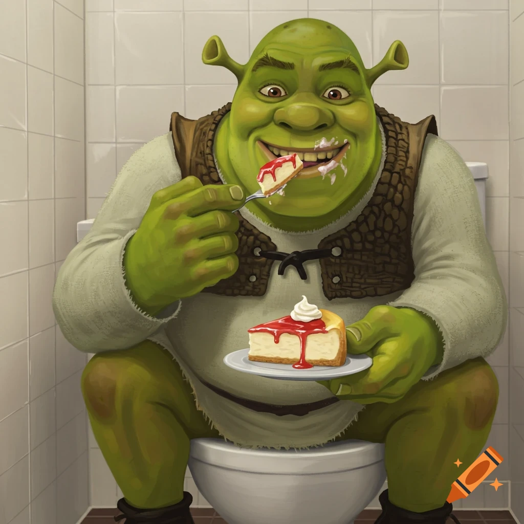 Shrek sitting on a toilet and eating a slice of cheesecake. on Craiyon