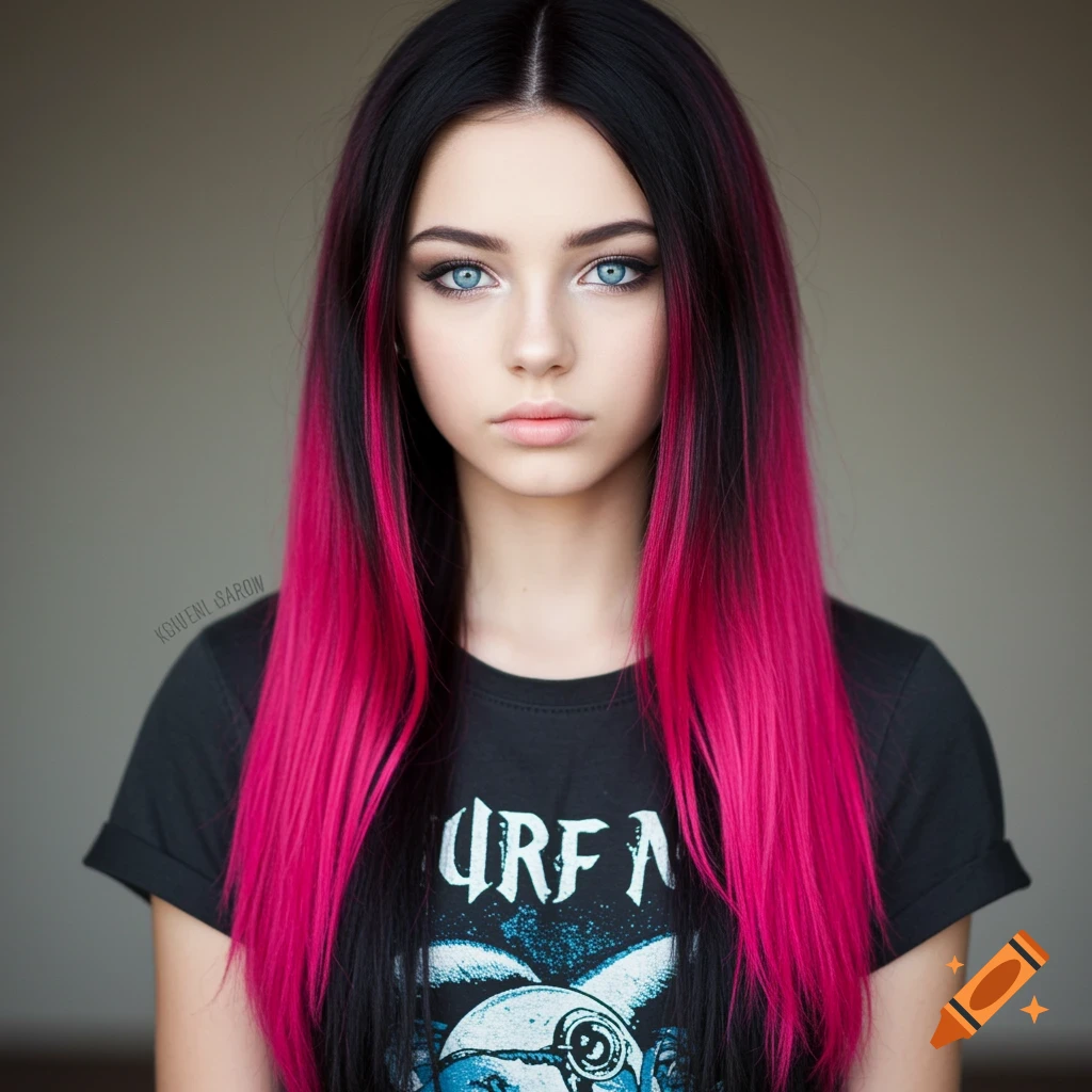 Anime-style 15-year-old girl with pink and black hair and blue eyes on ...