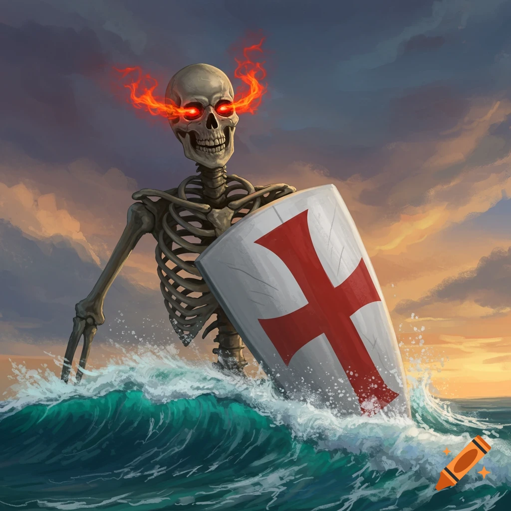 A gigantic skeleton with fiery eyes and a red cross shield rises from ...