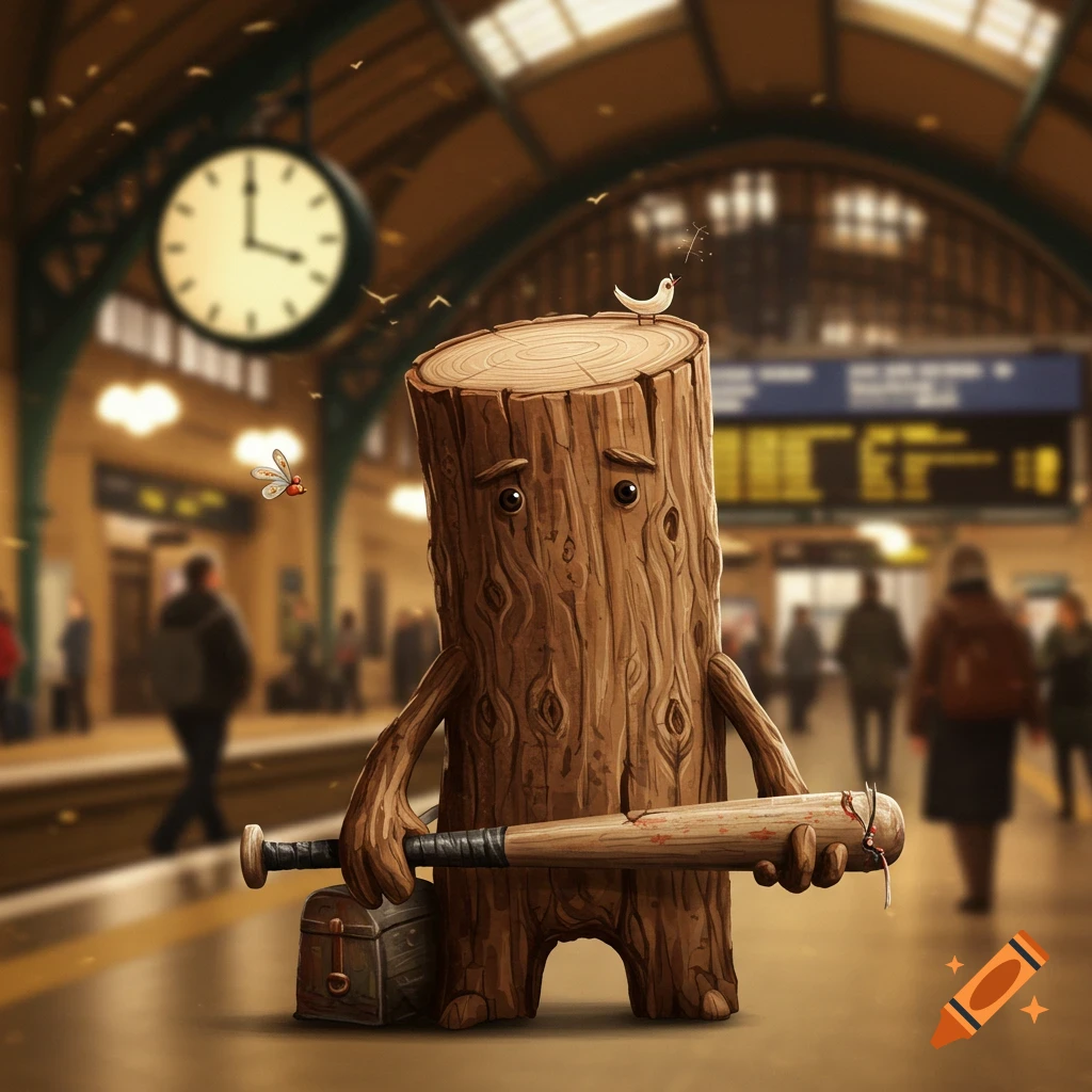 Image of a smiling wood log character with bulging eyes holding a ...