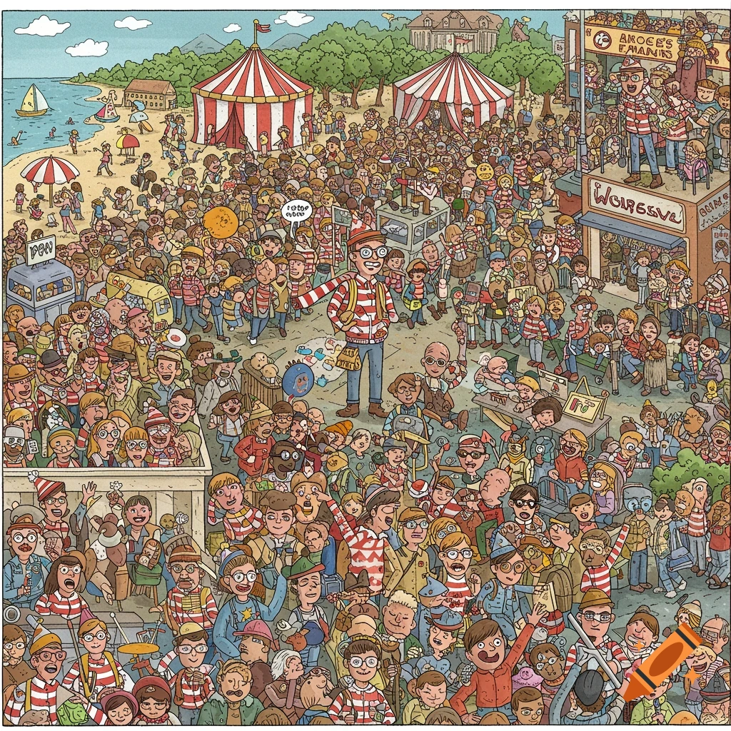 A busy black and white cartoon similar to Where's Waldo, showing dozens ...