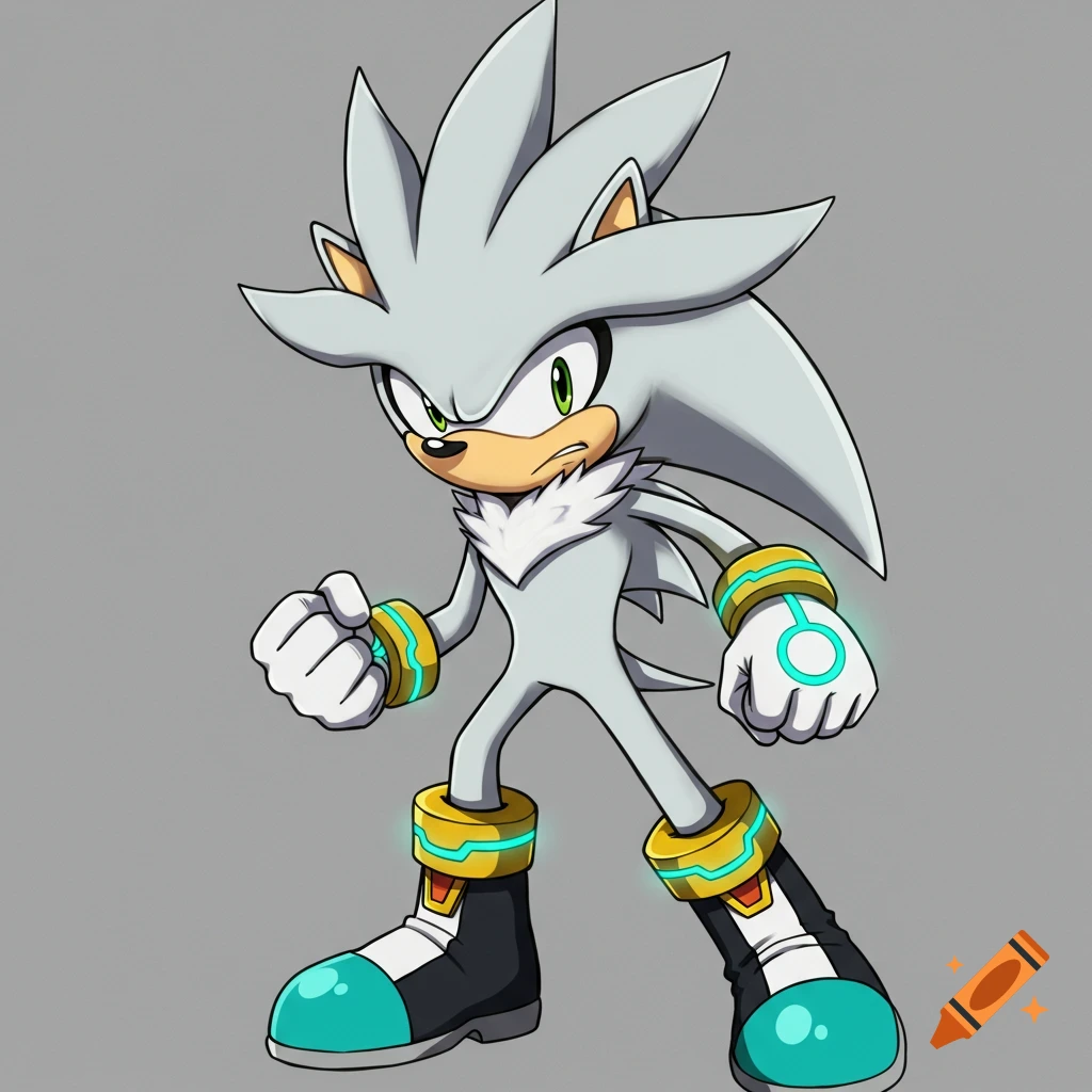 Cartoon of Silver the Hedgehog, a light gray furry character with green ...
