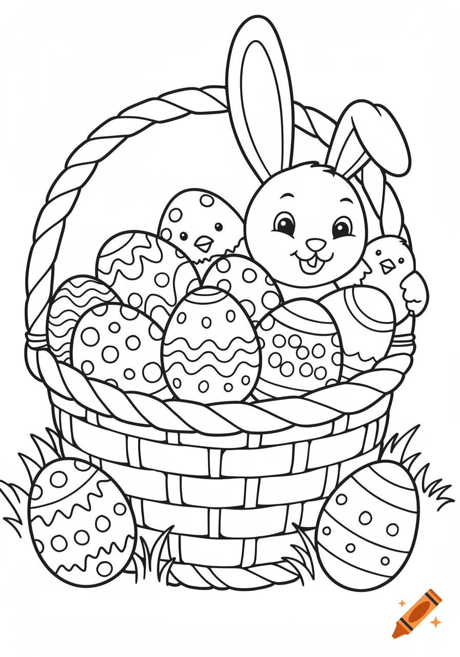 Black and white outline drawing of an Easter basket filled with eggs, a ...
