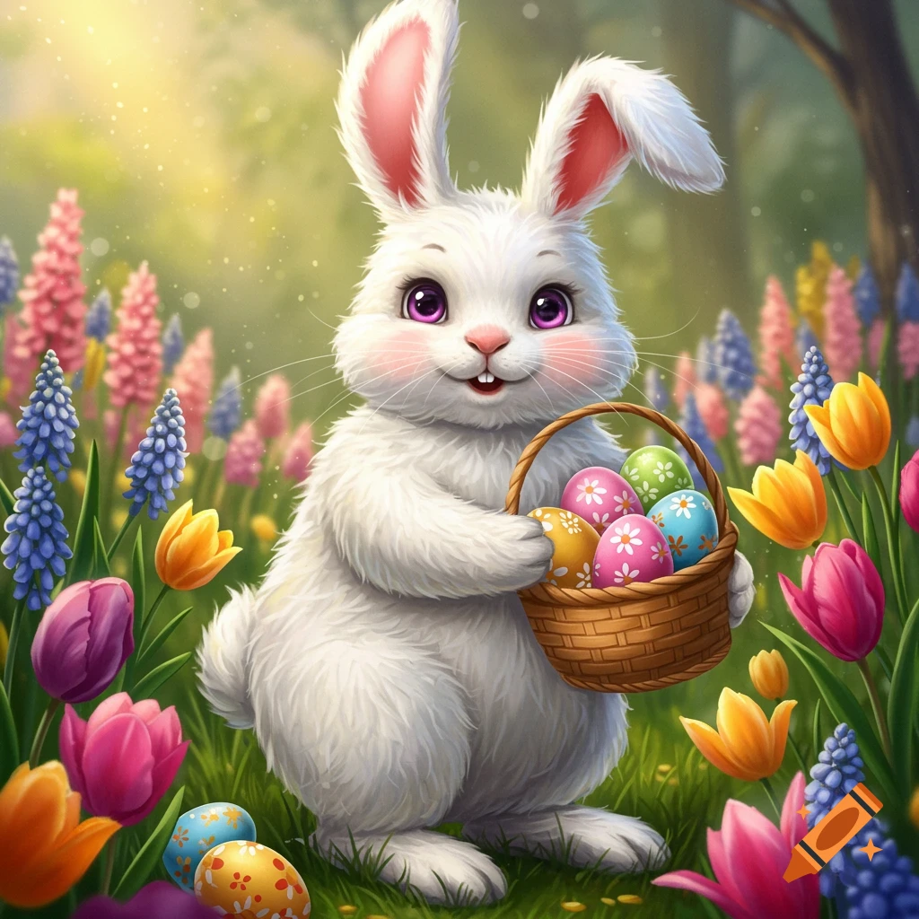 A fluffy blue Easter bunny wearing a flower crown holds a basket of ...