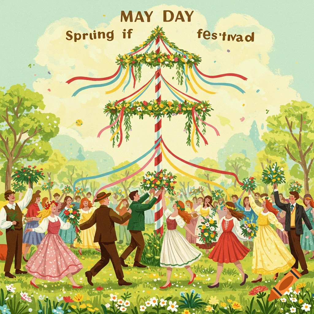May Day spring festival poster with maypole, flowers, and ribbons on ...