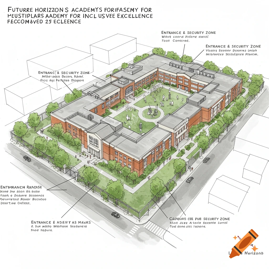 Architectural sketch outline and campus layout for Future Horizons ...