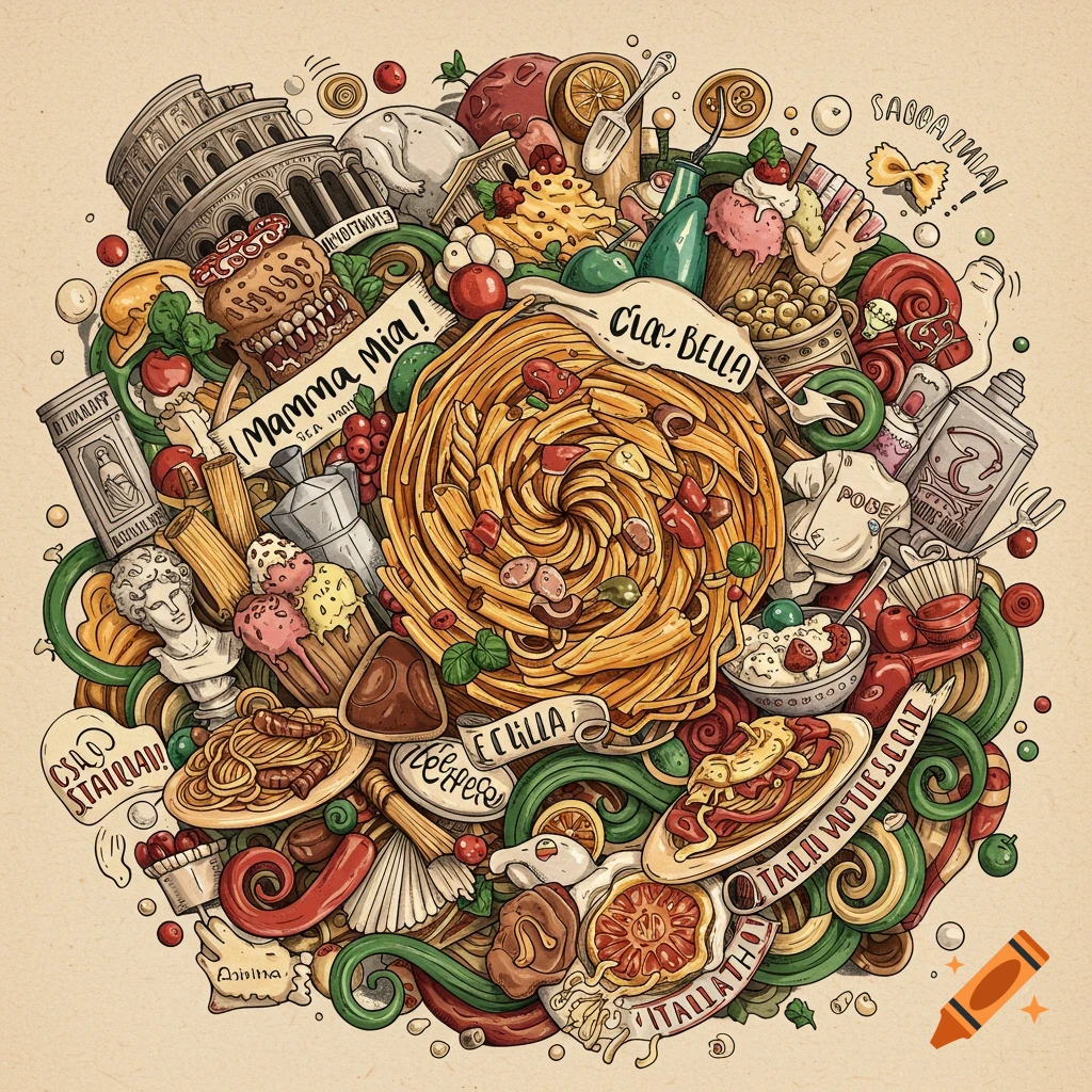 Detailed illustration of Italian food, culture, and landmarks including ...