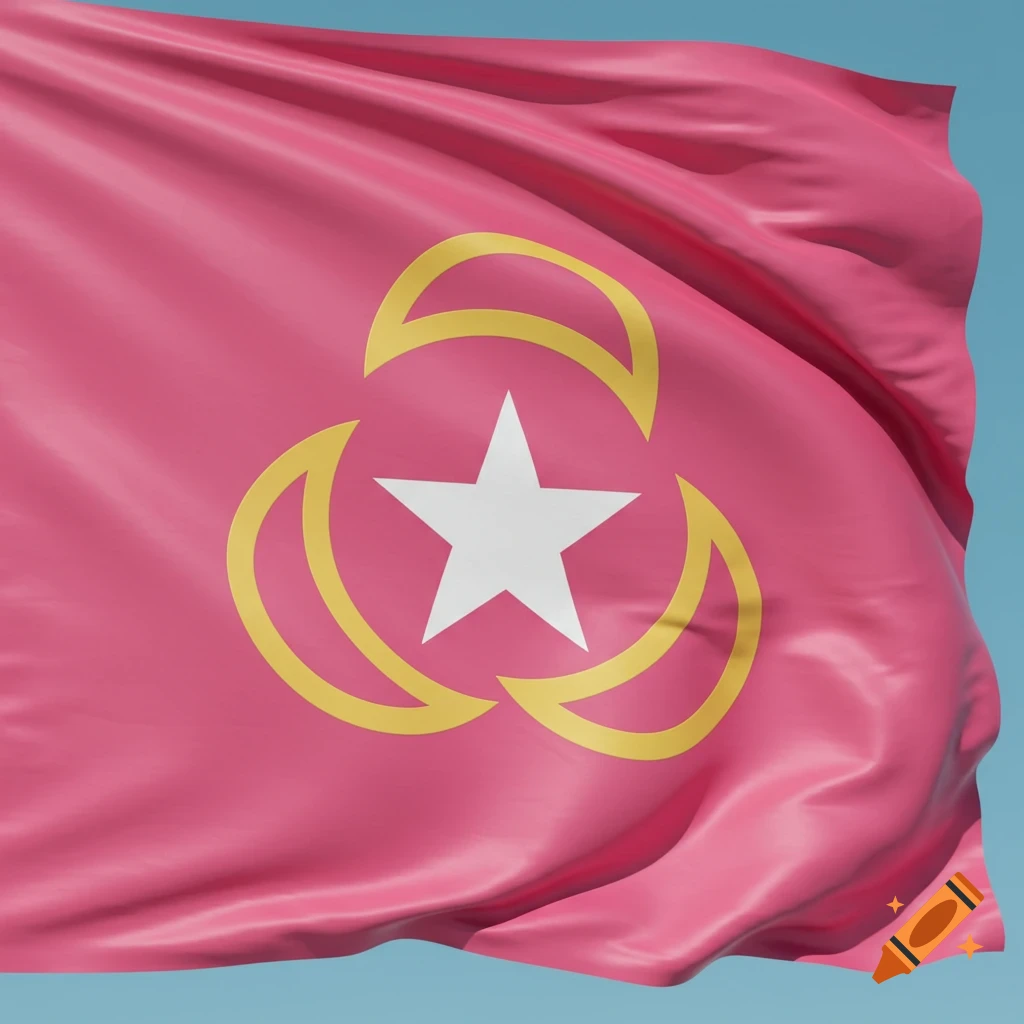 A pink flag with a white star and three golden rings waving against a ...