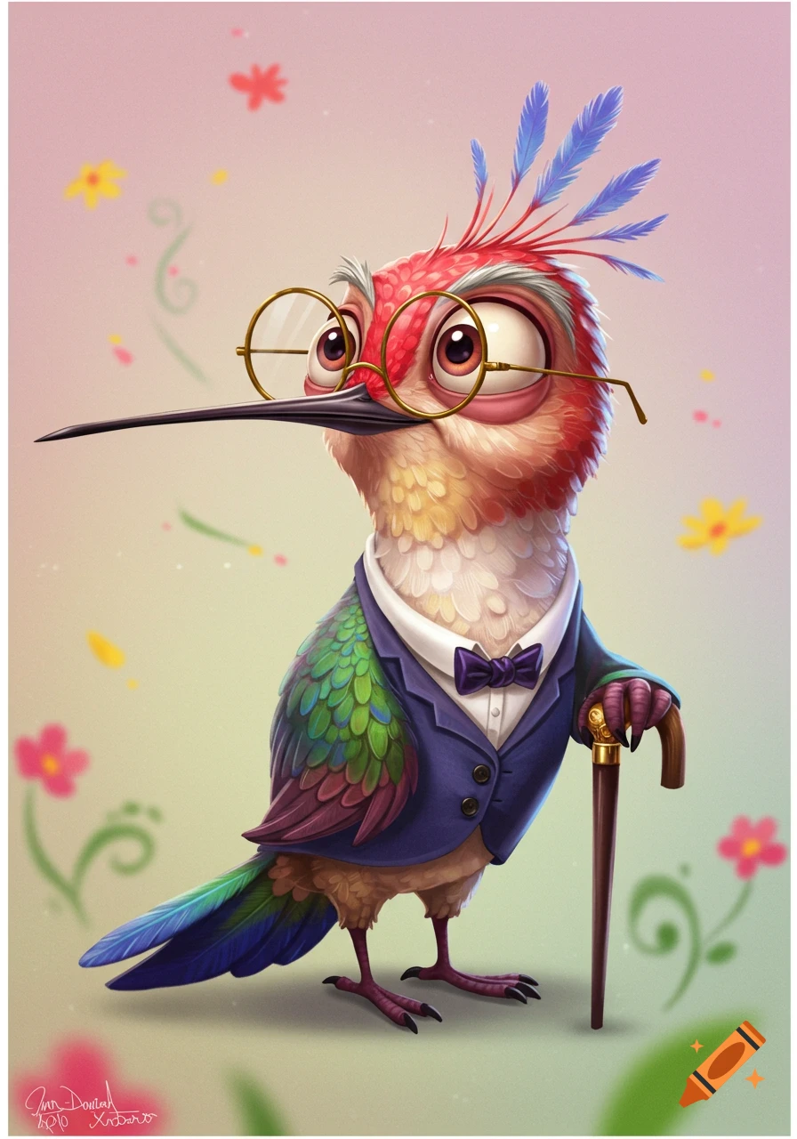 A cartoon hummingbird in a suit, glasses, and holding a cane, in a ...