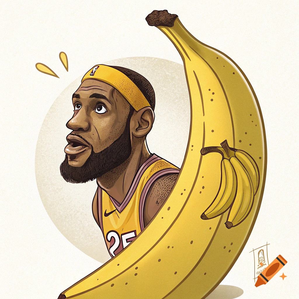 Cartoon illustration of LeBron James looking surprised next to a giant ...