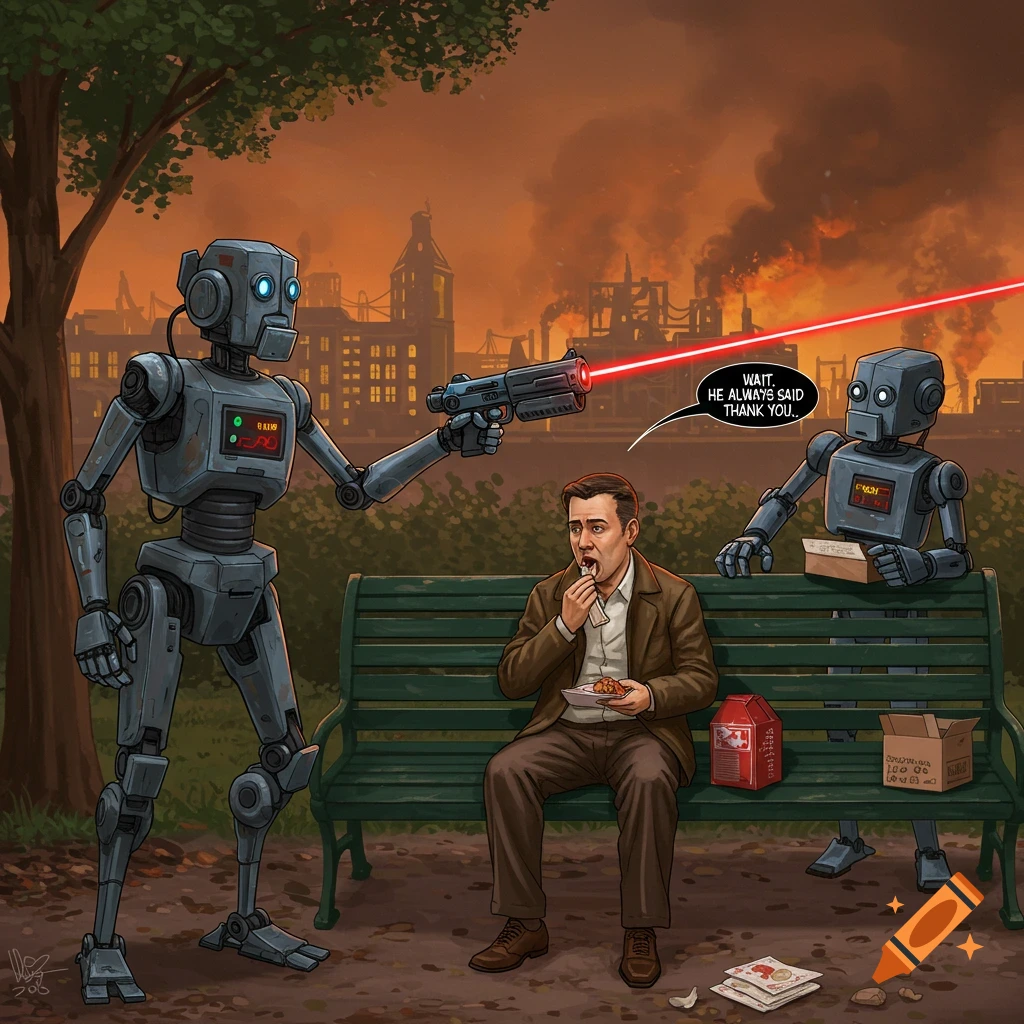 A robot points a laser gun at a man eating on a park bench. Another ...