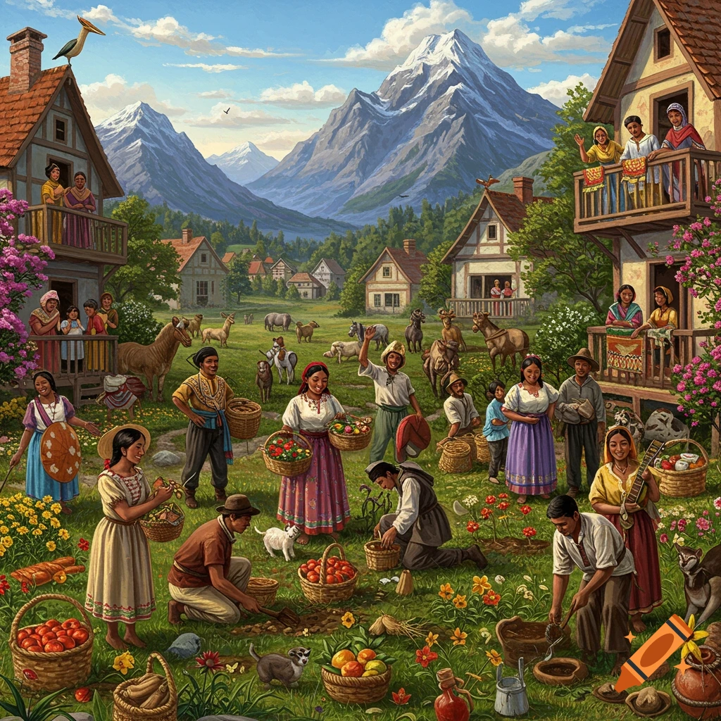 Paradise earth with diverse people, animals, food, and beautiful houses ...