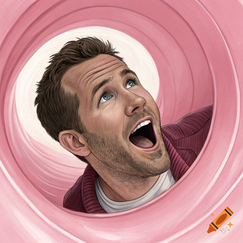 Illustration of Ryan Reynolds looking up with his mouth open from ...