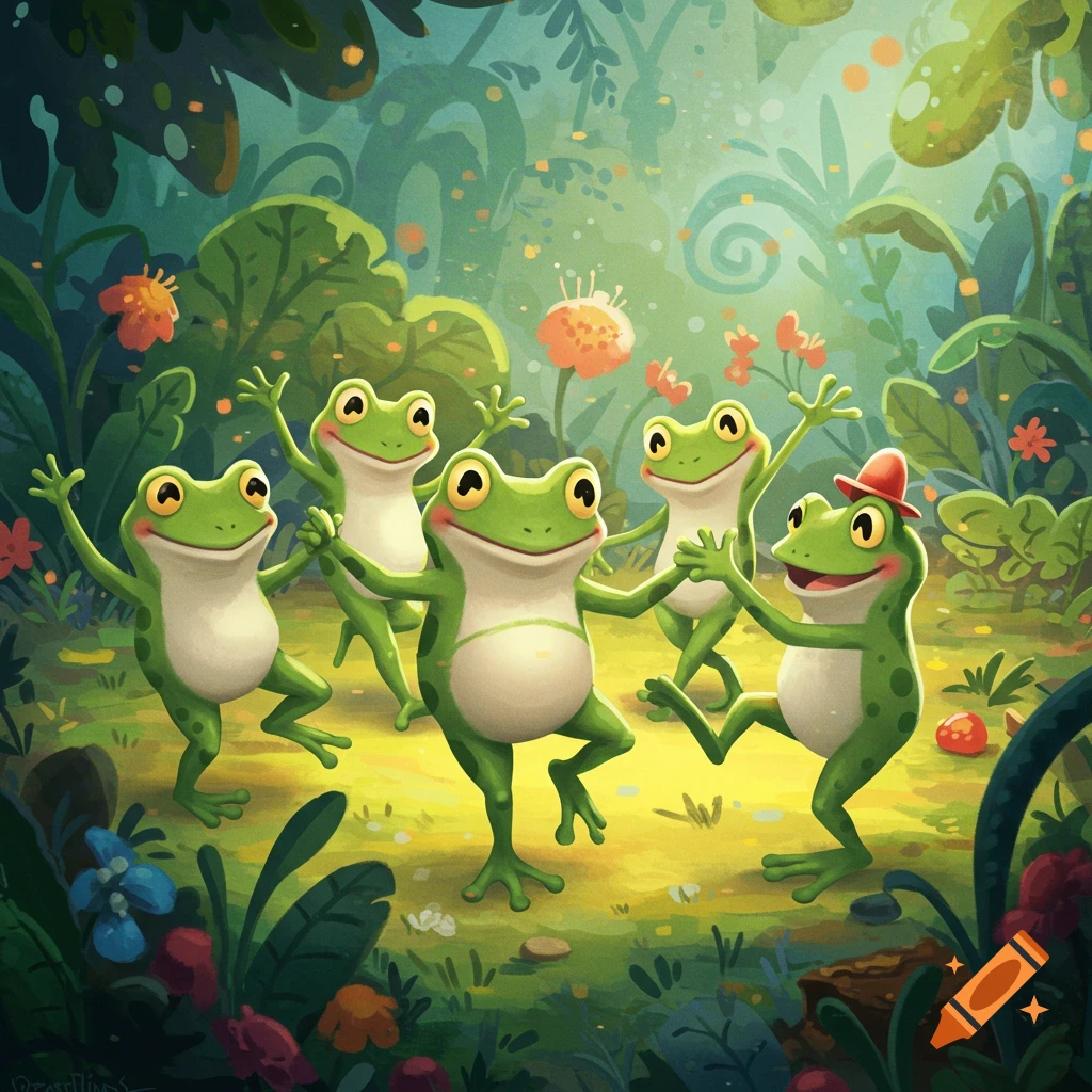 Cartoon frogs dancing in a vibrant forest on Craiyon