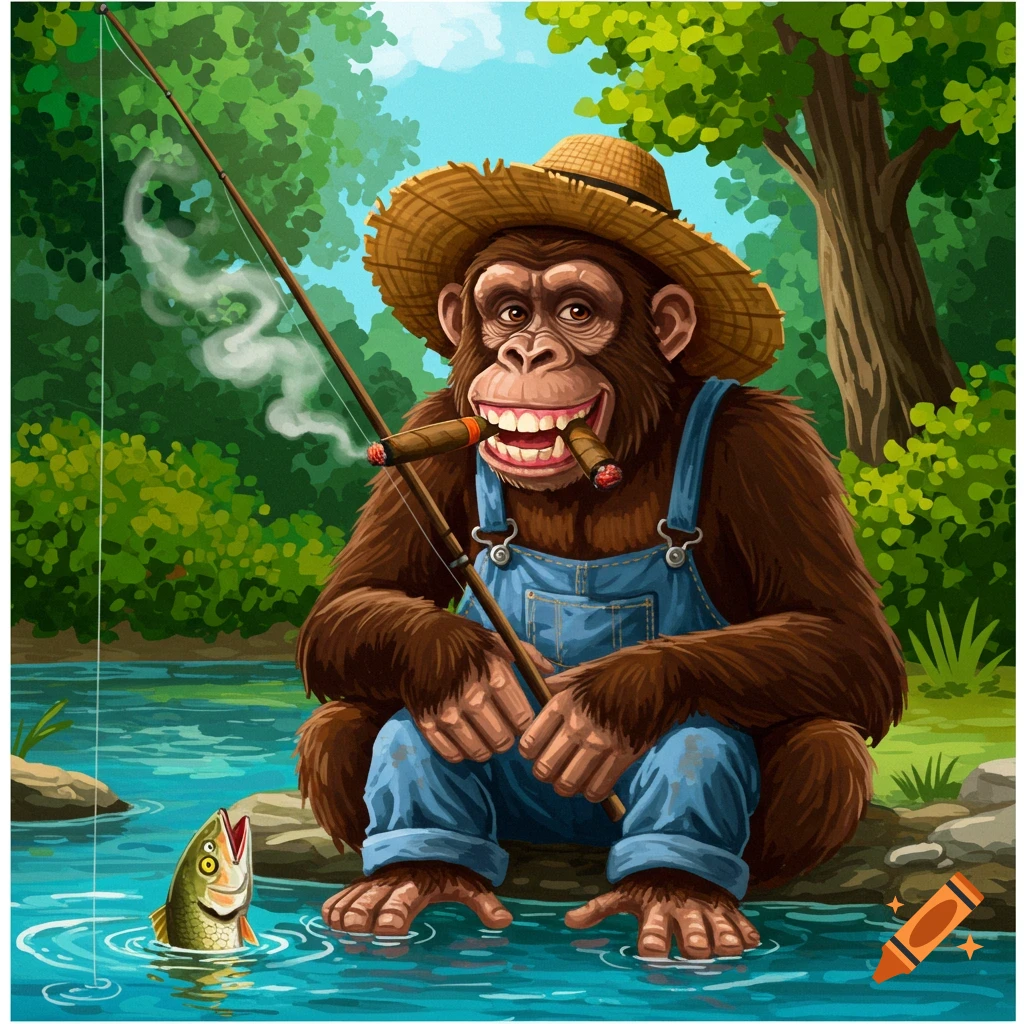 Cartoon ape in overalls and straw hat fishing by a stream while smoking ...