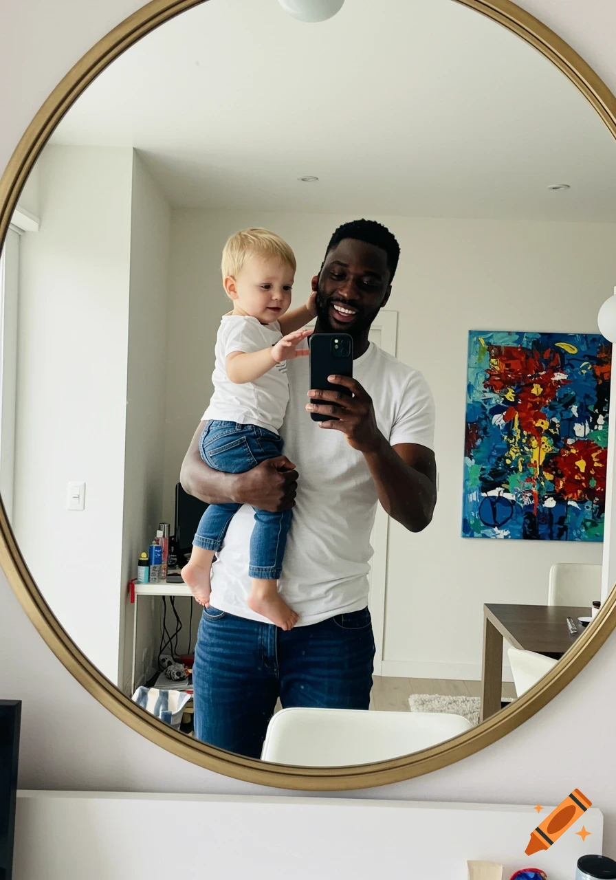 A Black man holds a young child while taking a selfie in a mirror. on ...