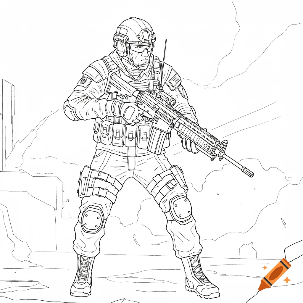 Line art drawing of a soldier in tactical gear holding a rifle ...