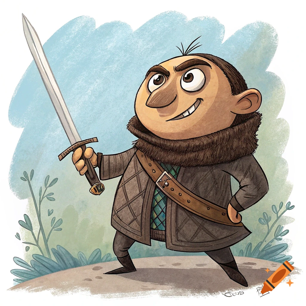 A stylized cartoon character resembling a younger Gru with a sword ...