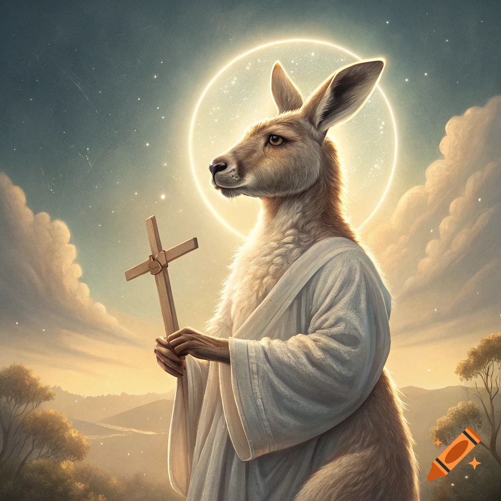 An illustrated sloth depicted as Jesus in a white robe with a halo and ...