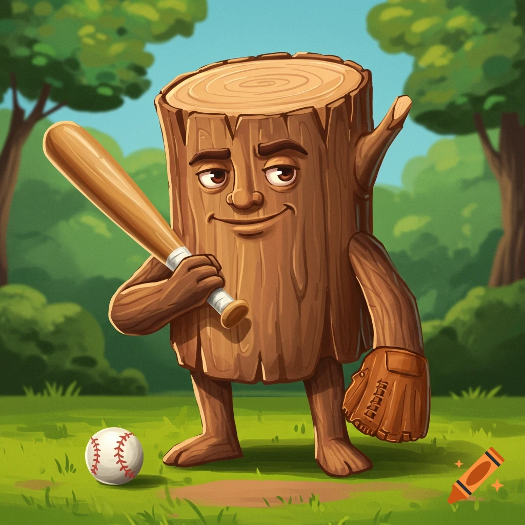 Cartoon tree stump character holding a baseball bat and glove in a park ...