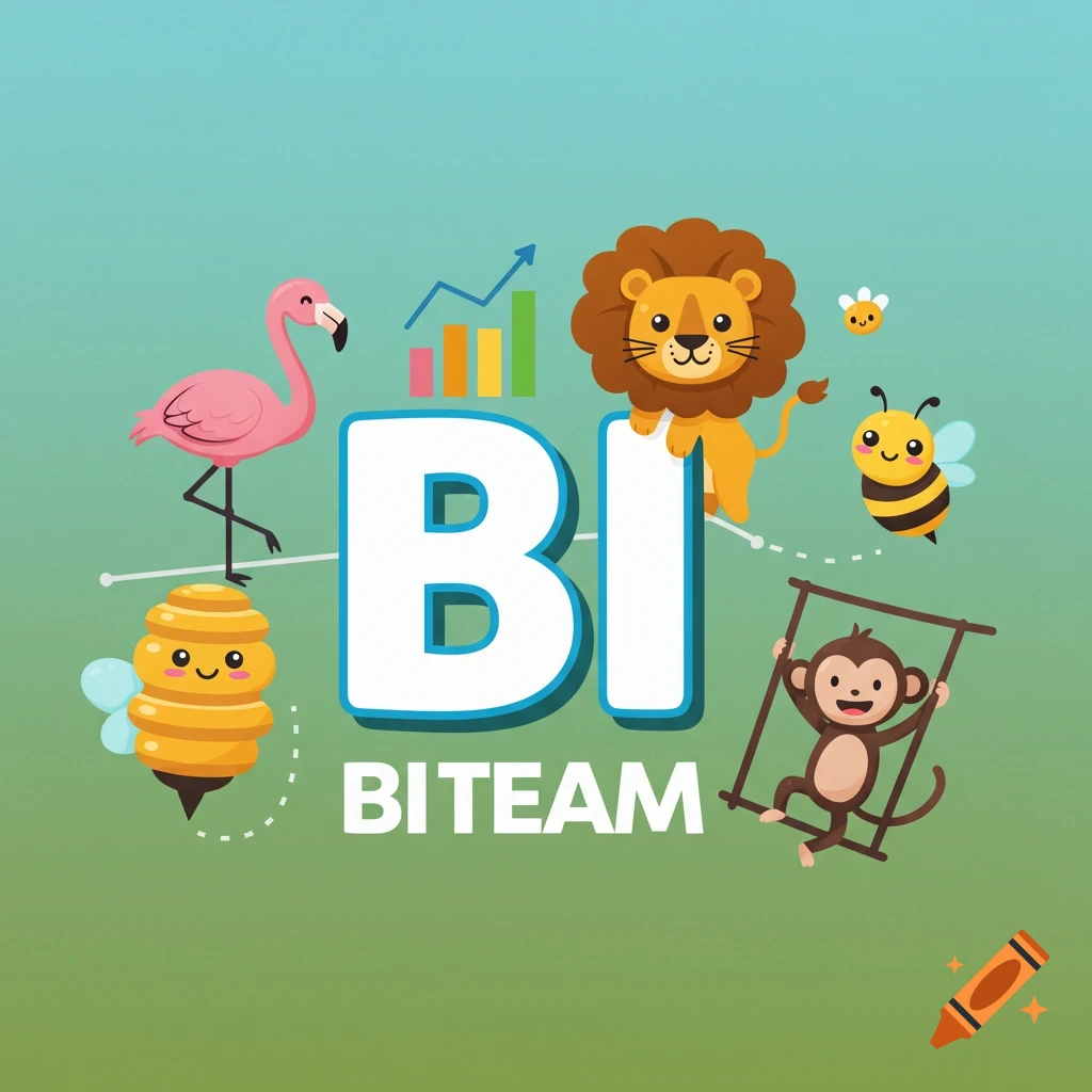 BI Team logo with flamingo, lion, bee, and monkey on Craiyon