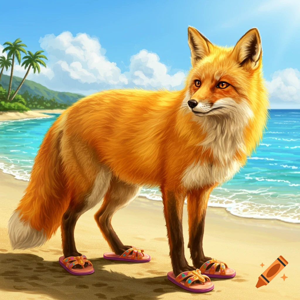 Fox with mango infusion wearing shoes on the beach on Craiyon