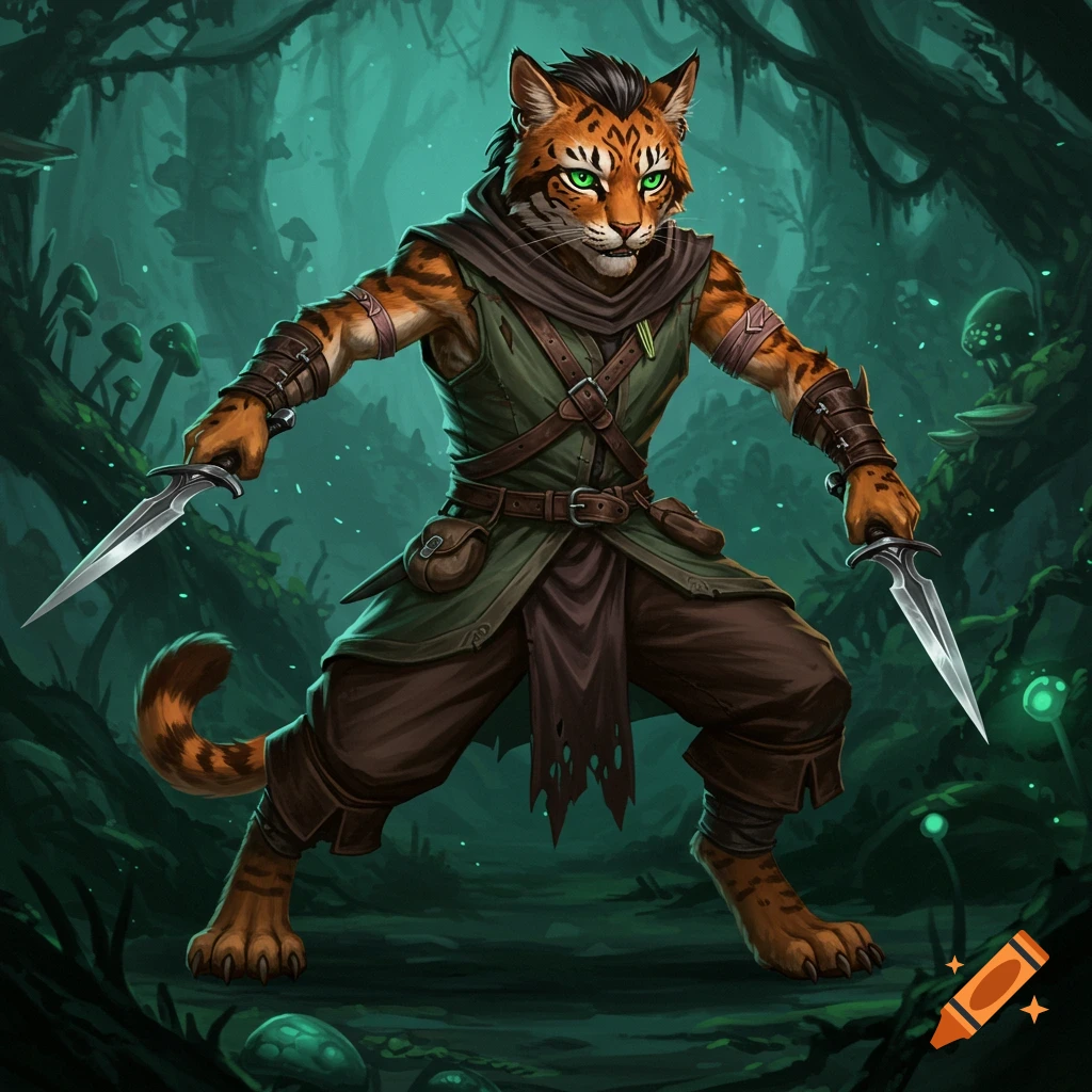 Scarred tabaxi rogue with daggers on Craiyon