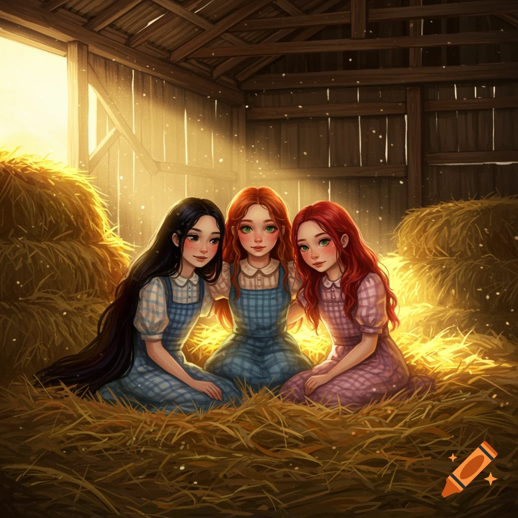 Three triplets in a barn hayloft; one with black hair, two with red ...