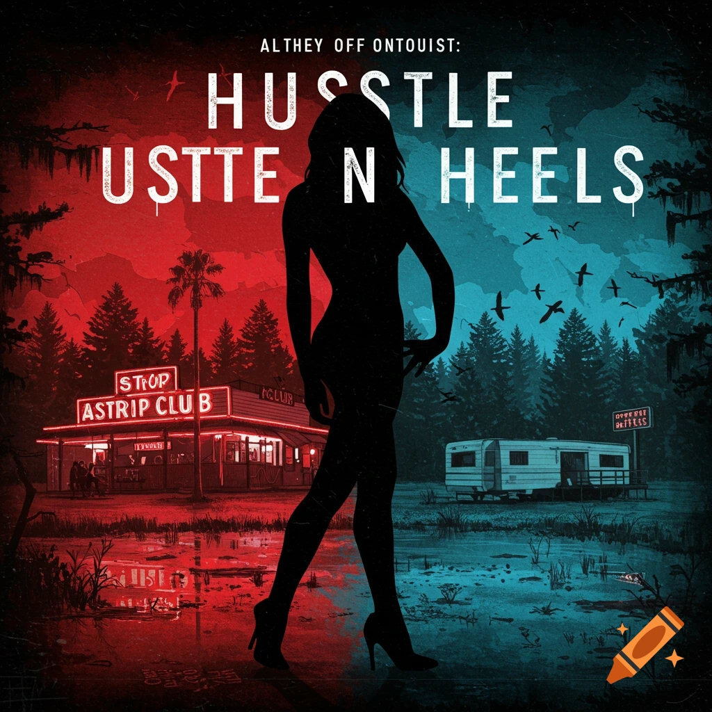 Southern noir gothic title screen with strip club, trailer park, swamp, and 'Hustle in Heels ...