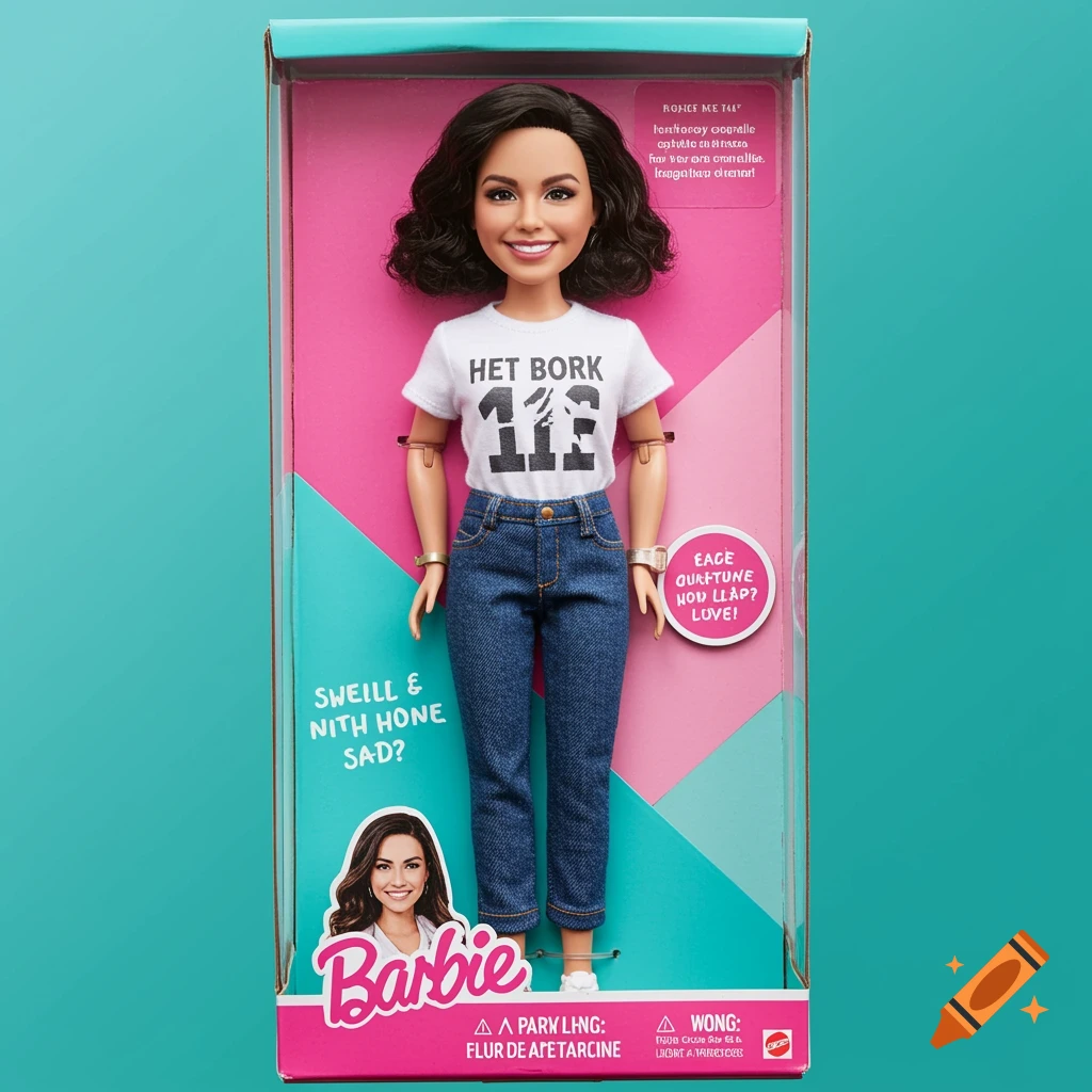 Hyper-realistic Barbie doll of Chloe in turquoise packaging on Craiyon