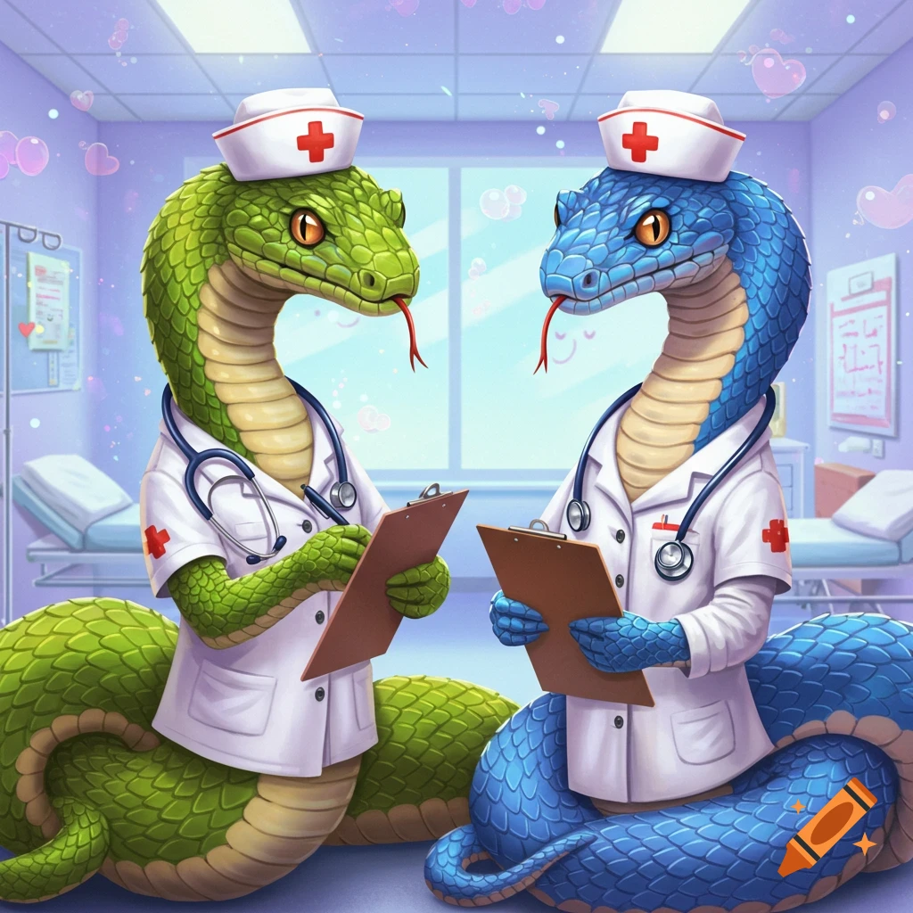 Two snakes dressed as nurses on Craiyon