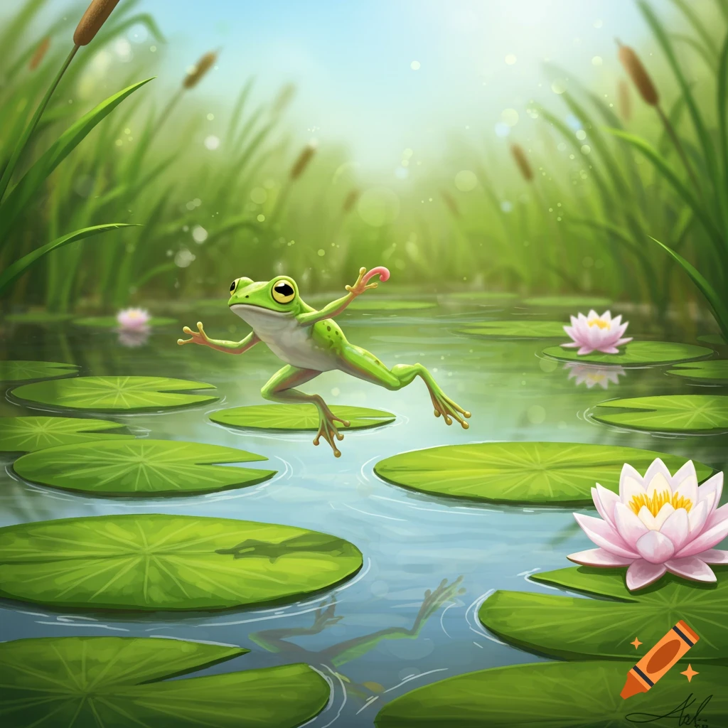 A green frog jumps between lily pads on a pond. on Craiyon