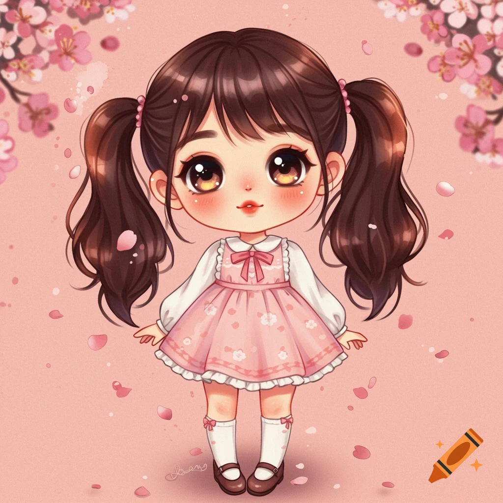 Chibi illustration of a cute girl in a pink dress with cherry blossoms ...