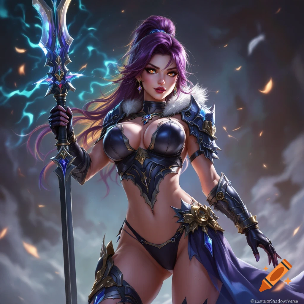 Melody Sims in Battle bikini armor, Quantum Shadows novel poster on Craiyon