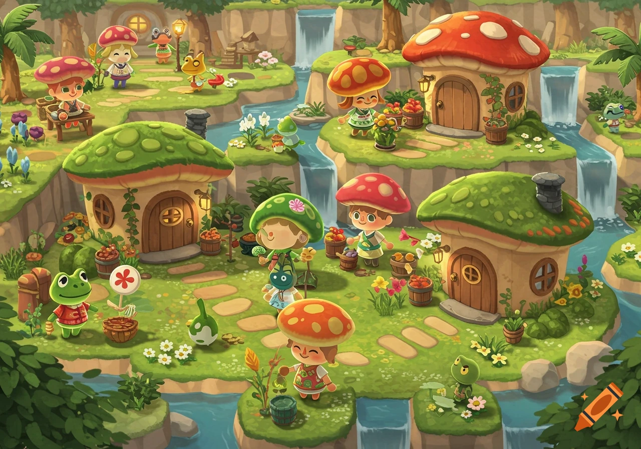 Animal Crossing style fantasy village with characters, frogs, mushroom ...