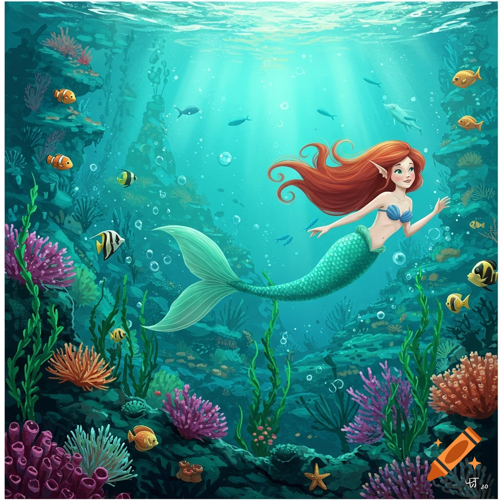 Ukiyo-e painting of a vibrant coral reef with colorful marine life on ...