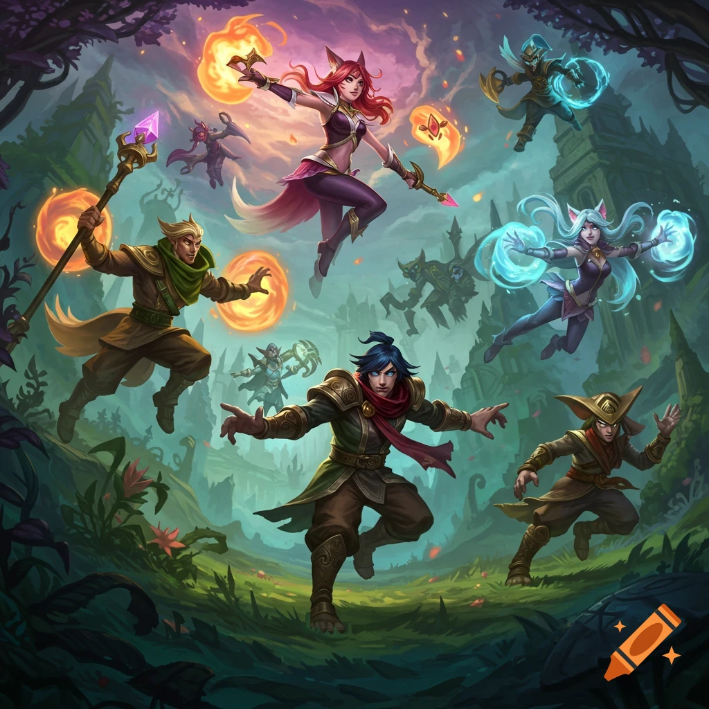 League of Legends characters flying and using magic in a fantasy forest ...