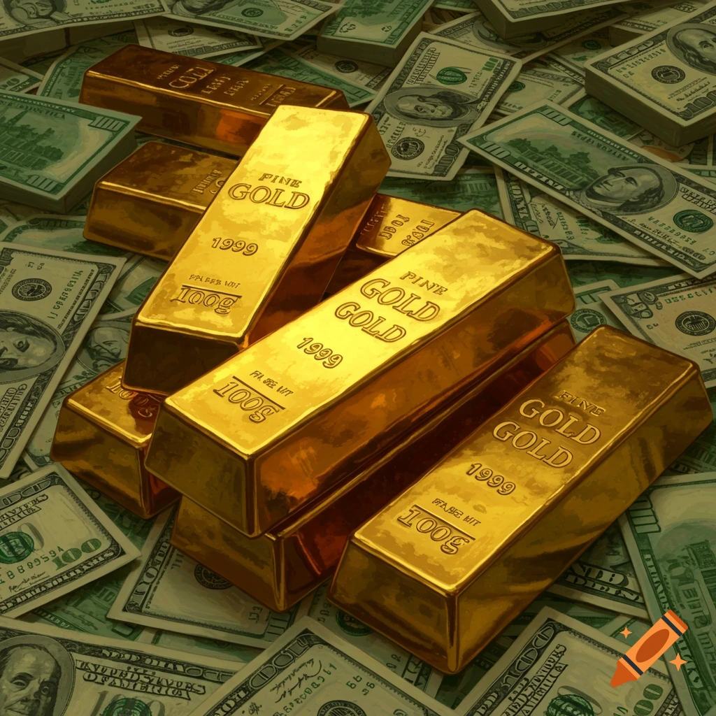 Gold bars stacked on a pile of US dollar bills. on Craiyon