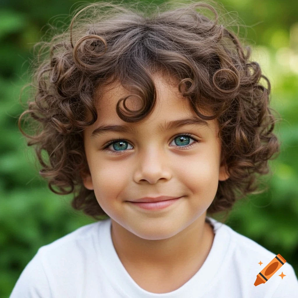 Close-up portrait of a young boy with curly brown hair and blue eyes, smiling outdoors. on Craiyon