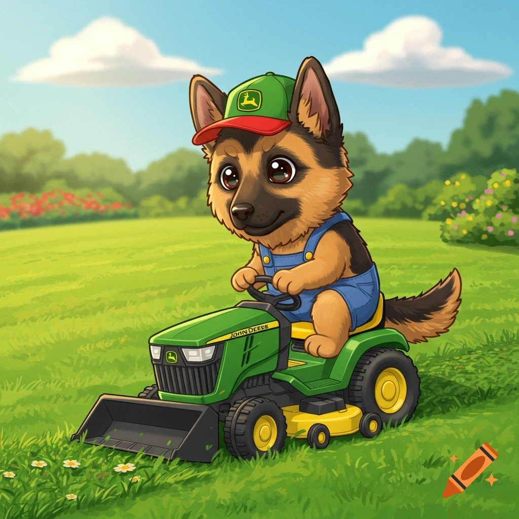 Cute cartoon German Shepherd mowing lawn with John Deere tractor on Craiyon