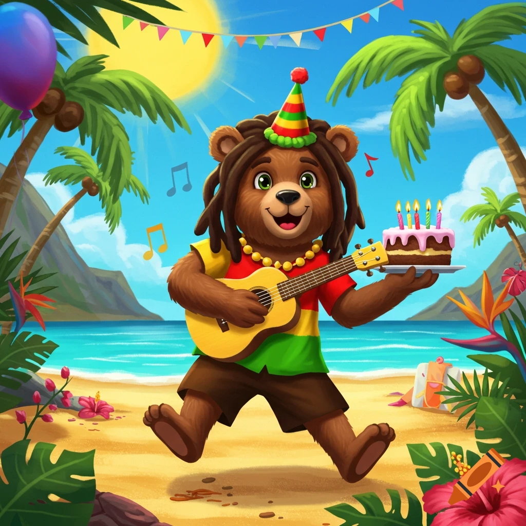 Cartoon reggae bear at the beach on Craiyon