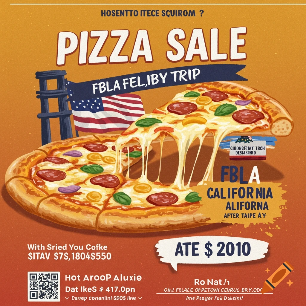 Pizza sale flyer for FBLA trip to California on Craiyon