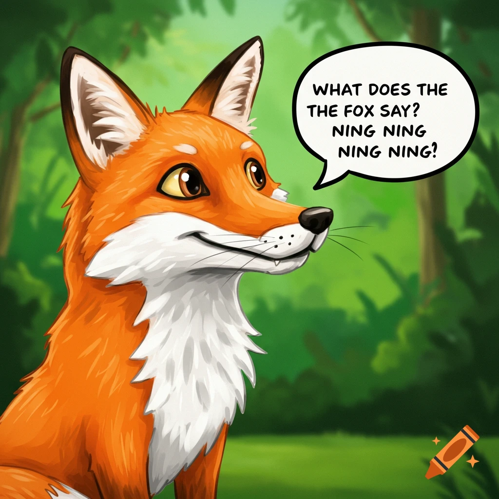 Cartoon fox with text 'what does the fox say ning ning ning ning ning' on Craiyon