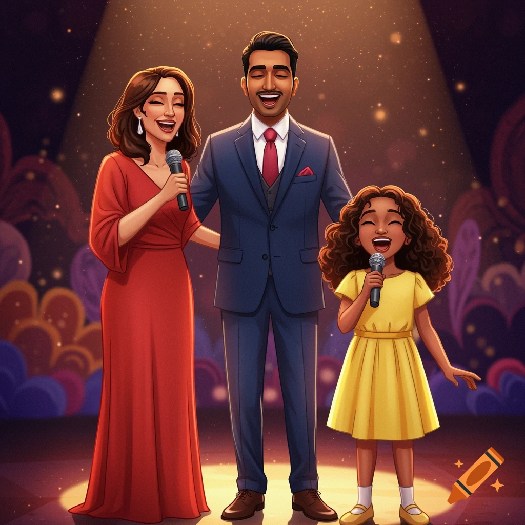 Illustration of a family trio singing on stage in a spotlight. on Craiyon